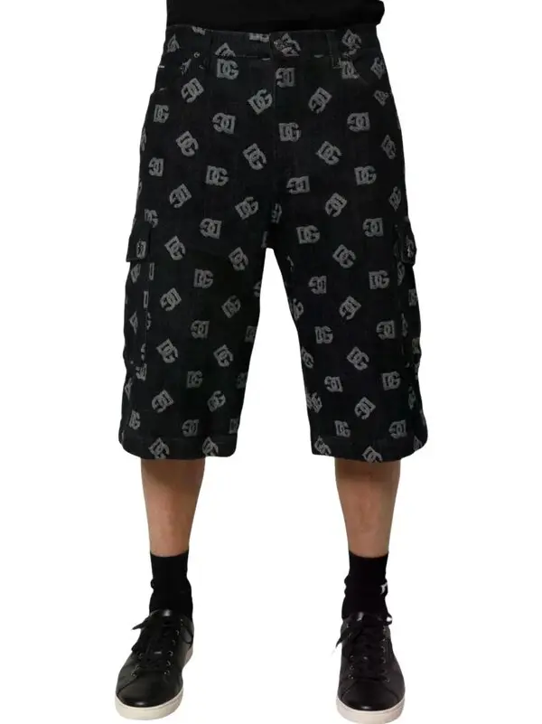 Dolce & Gabbana All-over Logo Print Cargo Denim Shorts - Blue