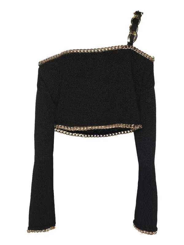 Balmain Rib Knit Off-shoulder Cropped Top With Gold-tone Chain Trim - Black