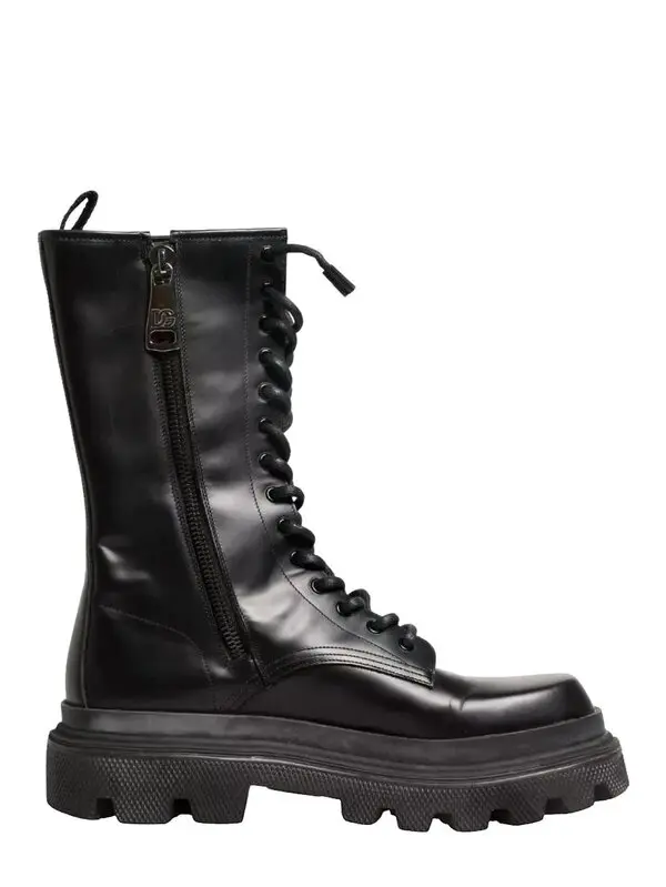 Dolce & Gabbana Leather Combat Boots With Lace-up And Zip Fastening - Black