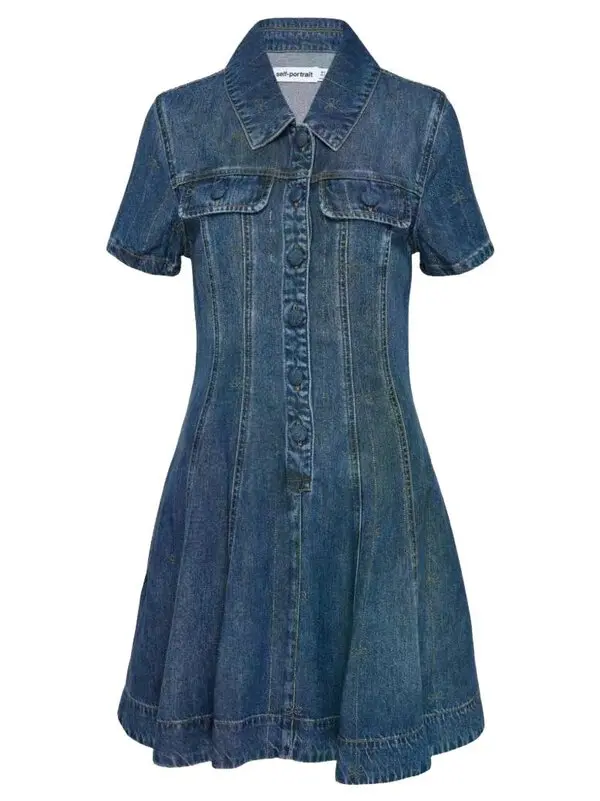 SELF-PORTRAIT Rhinestone Embellished Striped Mini Dress - Blue