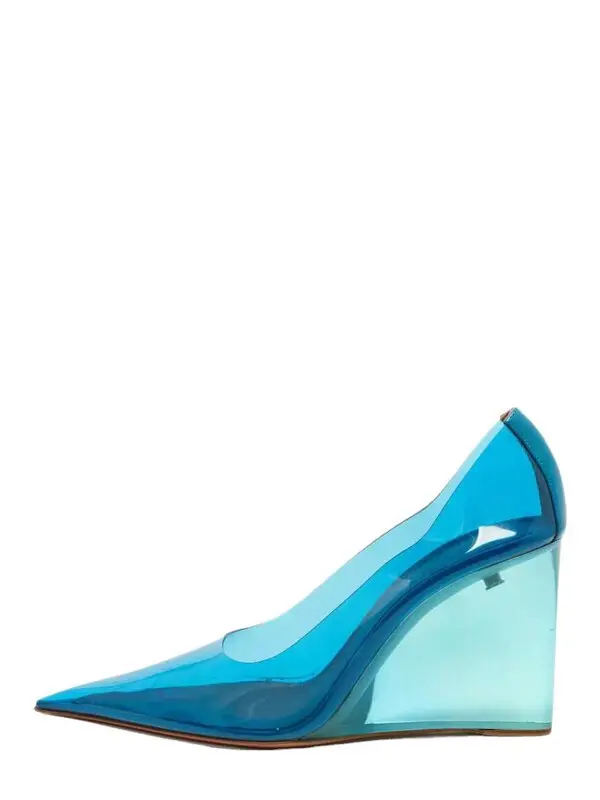 Amina Muaddi Blue Pointed Toe Wedge Heel Pumps - White