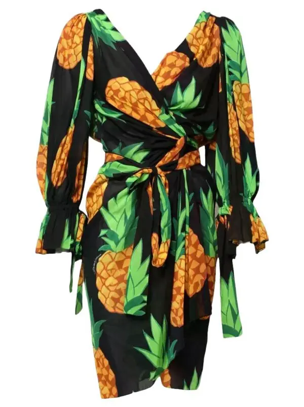Dolce & Gabbana Pineapple Print V-neck Mini Dress - Black