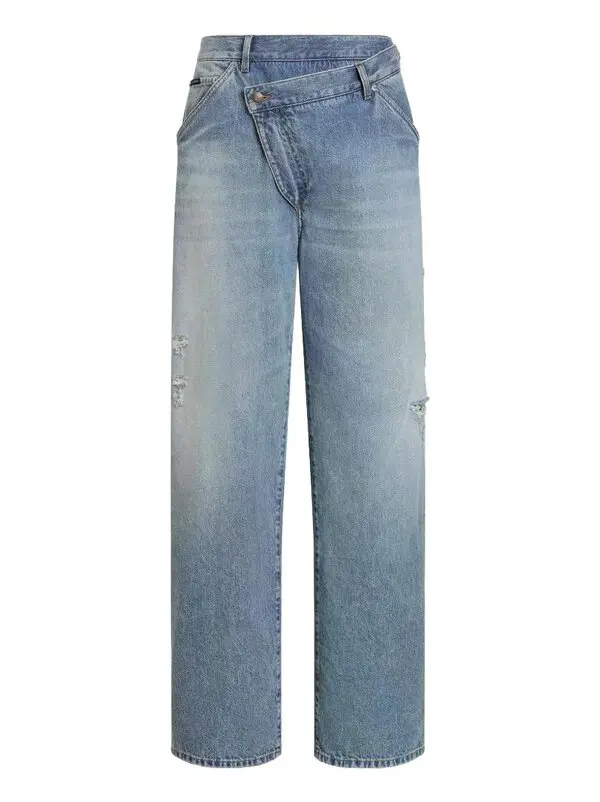 Dolce & Gabbana Asymmetric Waistband Distressed Straight Leg Jeans - Blue