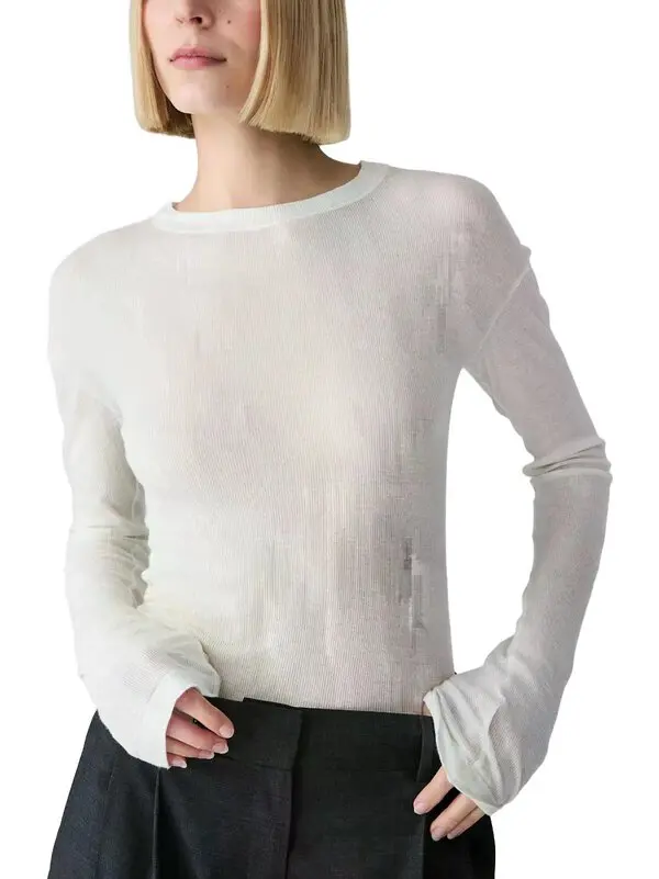 Vera Wang Ribbed Long-sleeve Cotton T-shirt - Neutrals