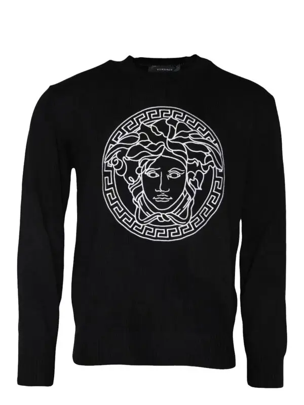 Versace Medusa Embroidered Crew Neck Sweater - Black