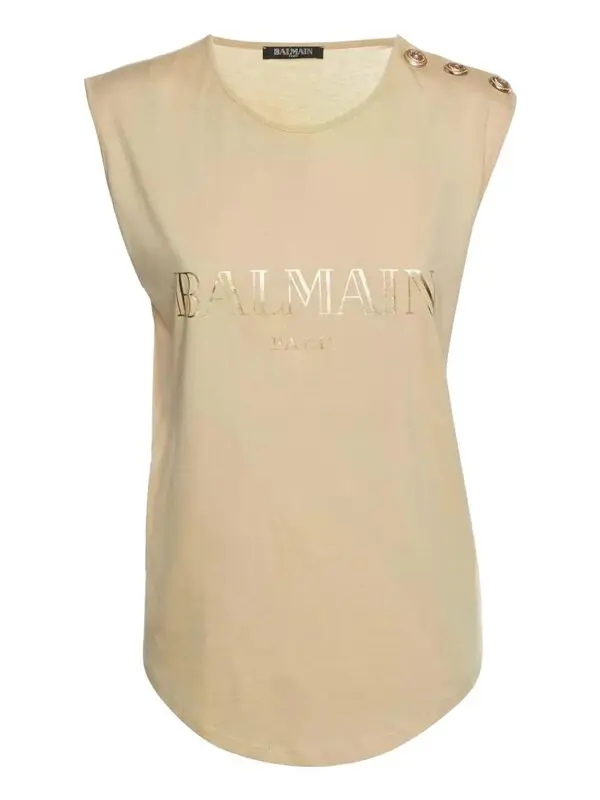 Balmain Sleeveless Logo Print Cotton Top - Neutrals