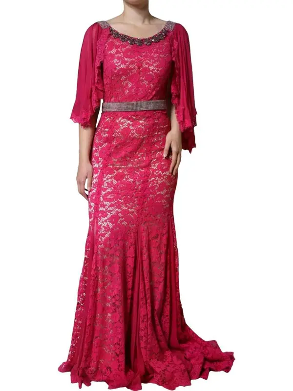Dolce & Gabbana Lace Maxi Gown With Embellished Belt - Pink