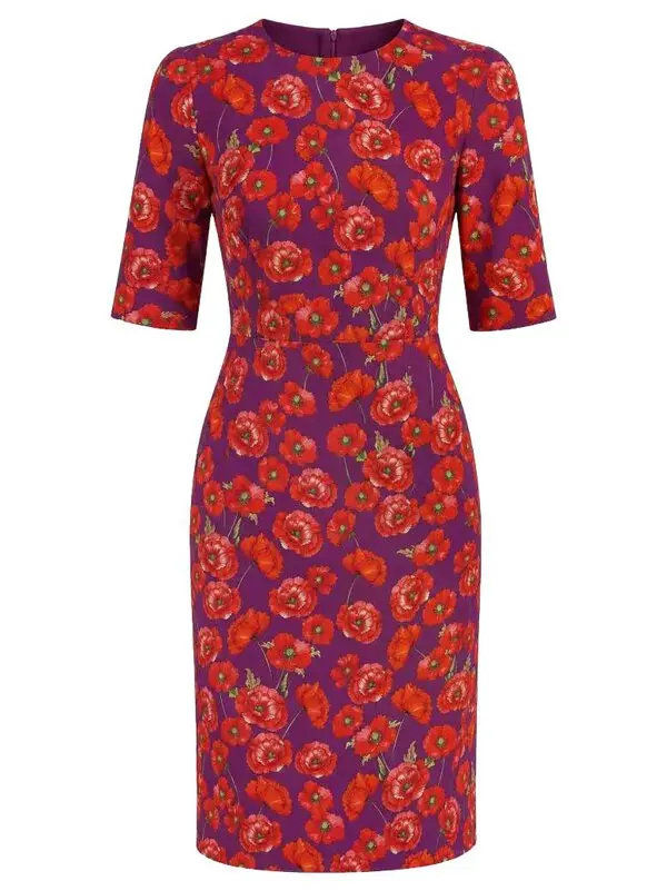 Dolce & Gabbana Silk Poppy Print Midi Dress - Purple