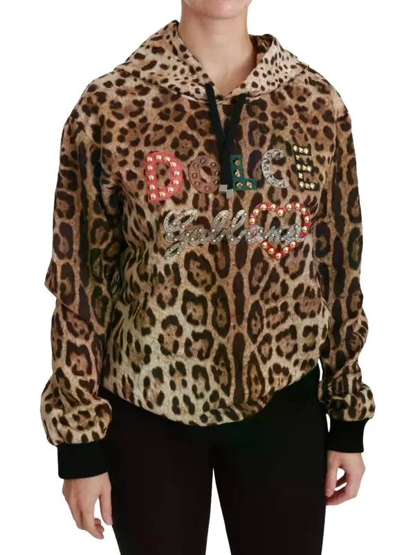 Dolce & Gabbana Leopard Print Embellished Hoodie - Brown
