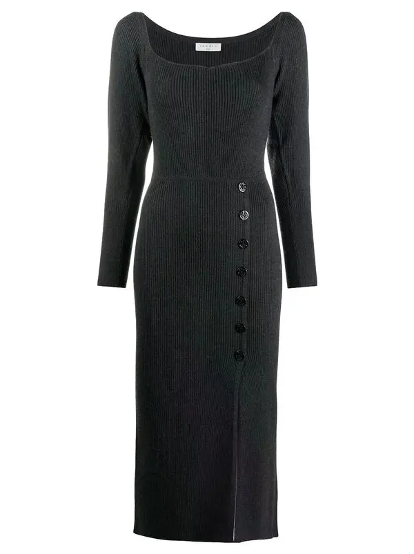 Sandro Ribbed Knit Sweetheart Neck Midi Dress With Button Detail - Grey