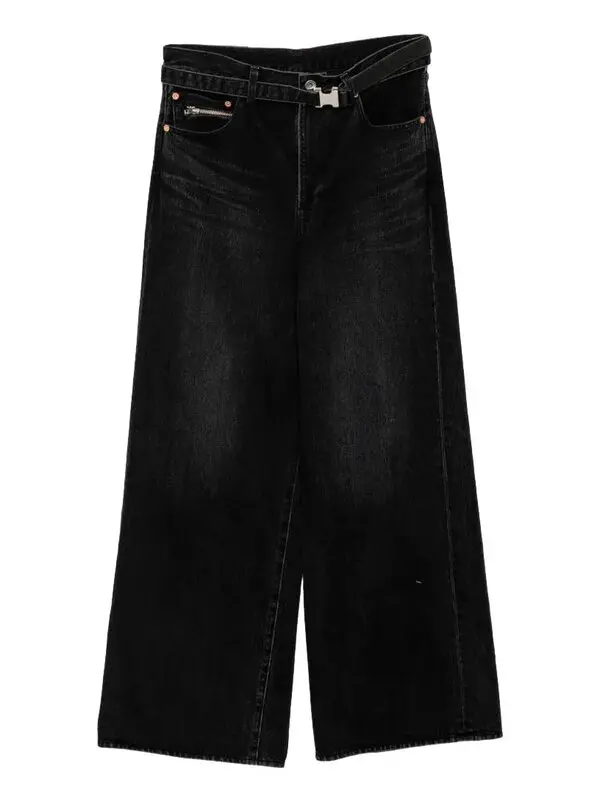 Sacai Wide Leg Denim Pants With Belt Detail - Black