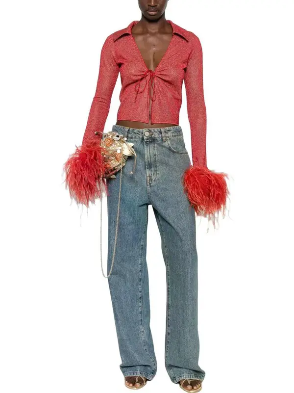 Oseree Metallic Feather-trimmed Cropped Top - Red