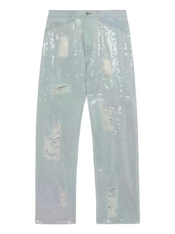 Palm Angels Sequin Embellished Ripped Straight Leg Jeans - Blue