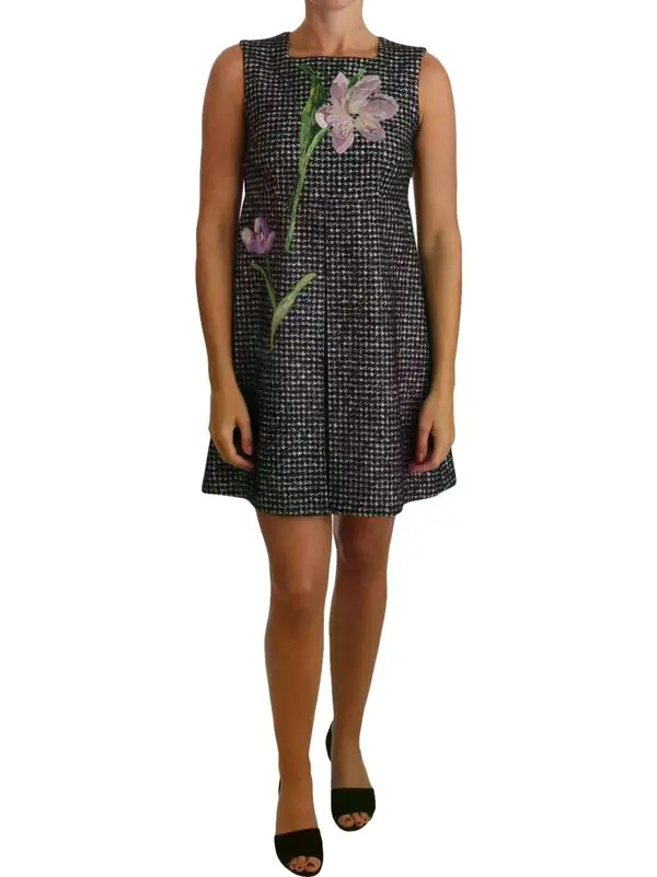 Dolce & Gabbana Floral Appliqué Houndstooth Mini Dress - Black