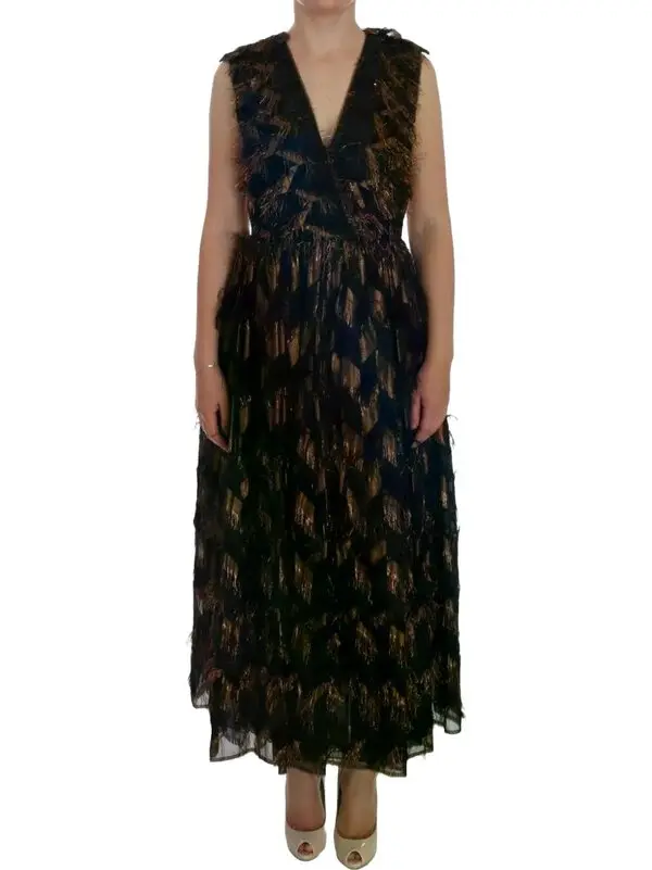 Dolce & Gabbana Geometric Metallic Fringe Trimmed V-neck A-line Maxi Dress - Black