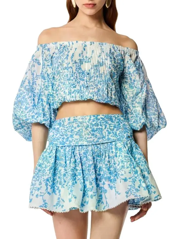 Poupette St Barth Floral Print Pintucked Off-the-shoulder Puff Sleeve Cropped Top - White