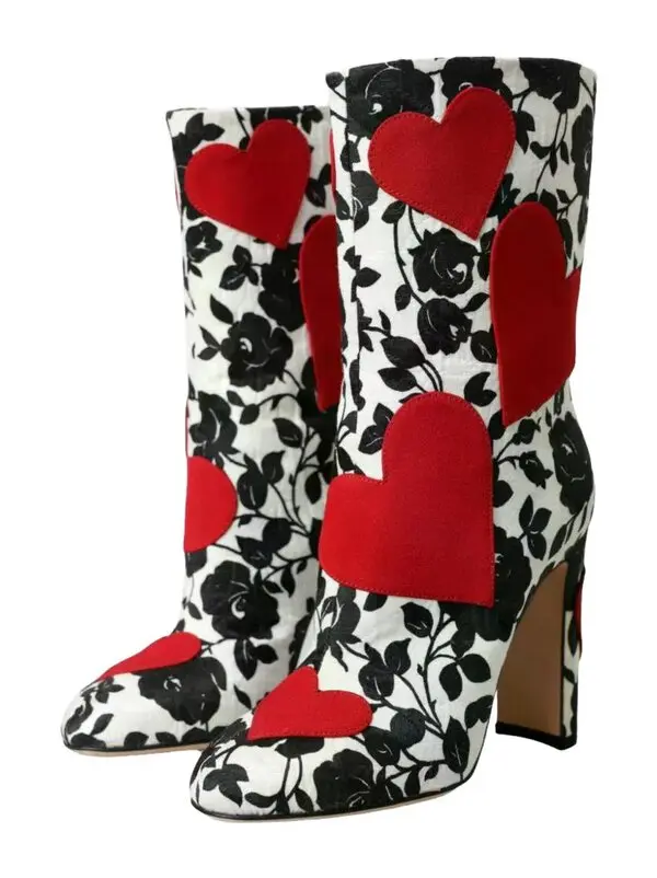 Dolce & Gabbana Floral Print Heart Appliqué Ankle Boots - White