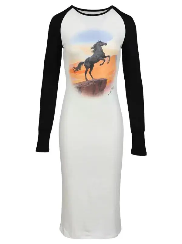MARKGONG Horse-print Midi Dress - White
