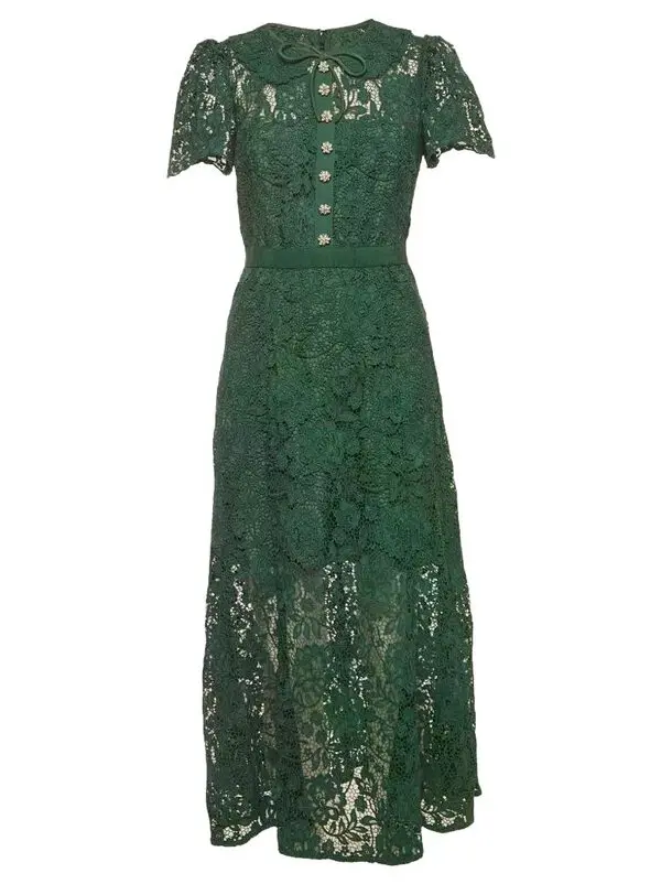 SELF-PORTRAIT Floral Lace Maxi Dress With Embellished Buttons - Green