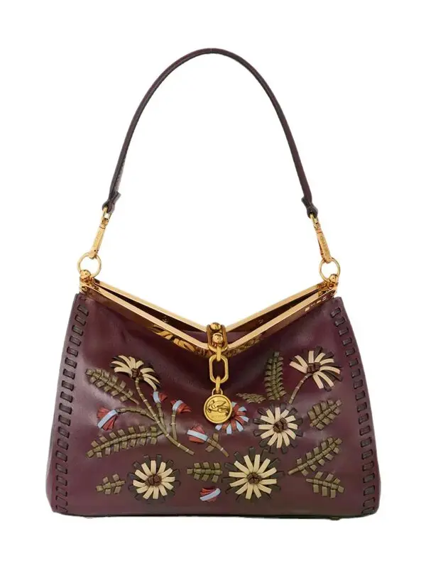 Etro Medium Leather Vela Bag With Floral Motif - Red