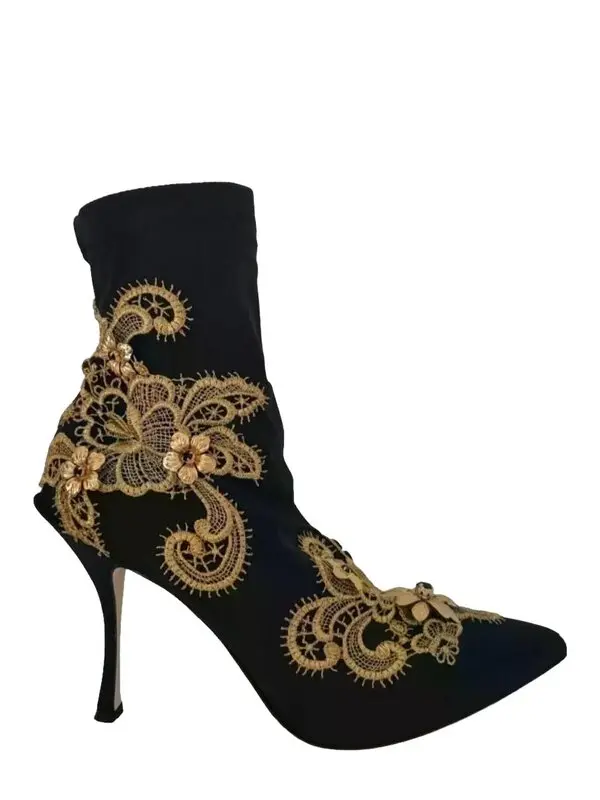 Dolce & Gabbana Lace Appliqué Crystal-embellished Stiletto Ankle Boots - Black