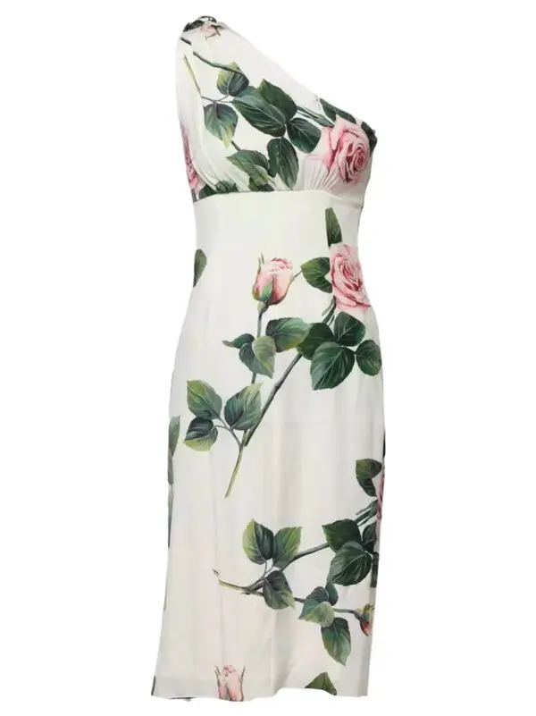 Dolce & Gabbana Rose-print Draped One-shoulder Midi Dress - White