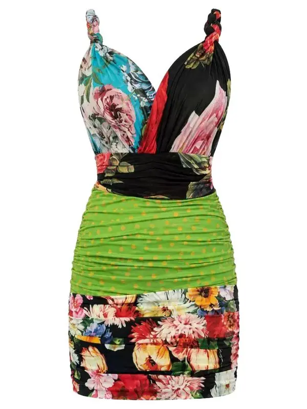 Dolce & Gabbana Floral Patchwork Ruched Mini Dress - Black