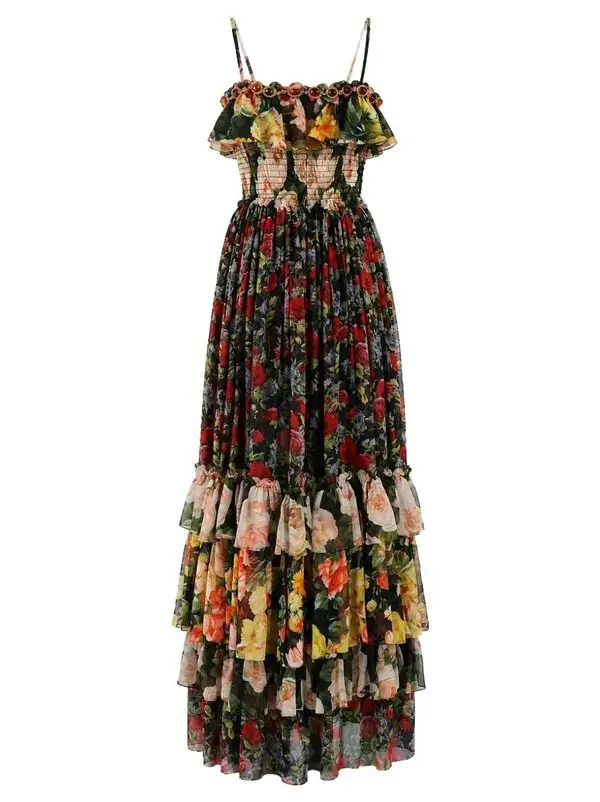 Dolce & Gabbana Floral Print Crystal Embellished Tiered Maxi Dress - Black