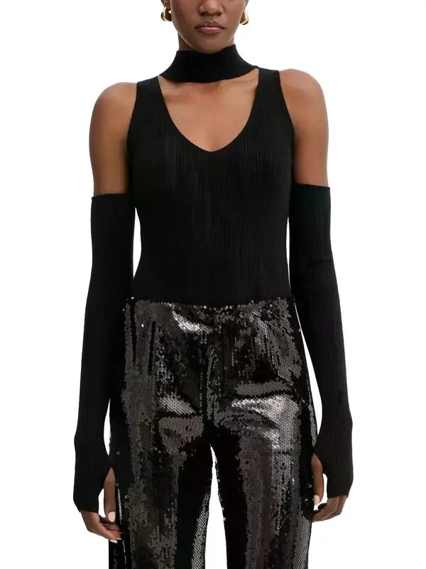 HAVEONE Ribbed V-neck Top With Integrated Collar And Detachable Sleeves - Black