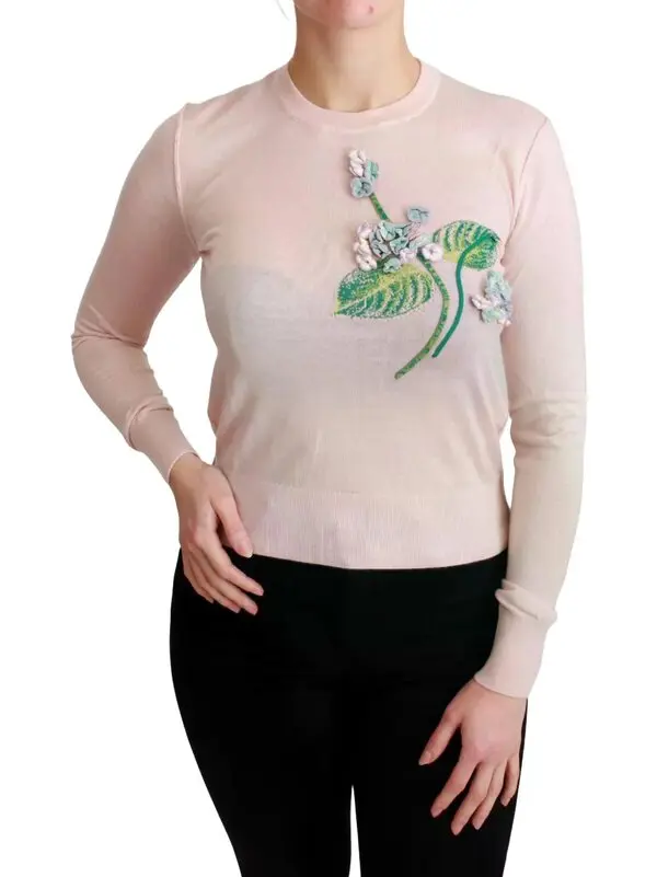 Dolce & Gabbana Floral Embroidered Cashmere Crew Neck Sweater - Pink