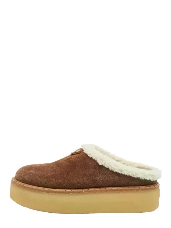 Prada Shearling-trim Flat Mules - Brown