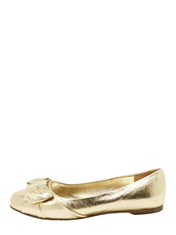 FERRAGAMO Varina Ballet Flats Tone Leather Bow Detail - Gold