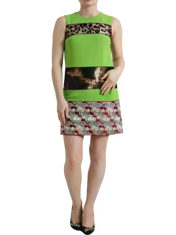 Dolce & Gabbana Sleeveless Leopard Print & Floral Brocade Mini Dress - Green