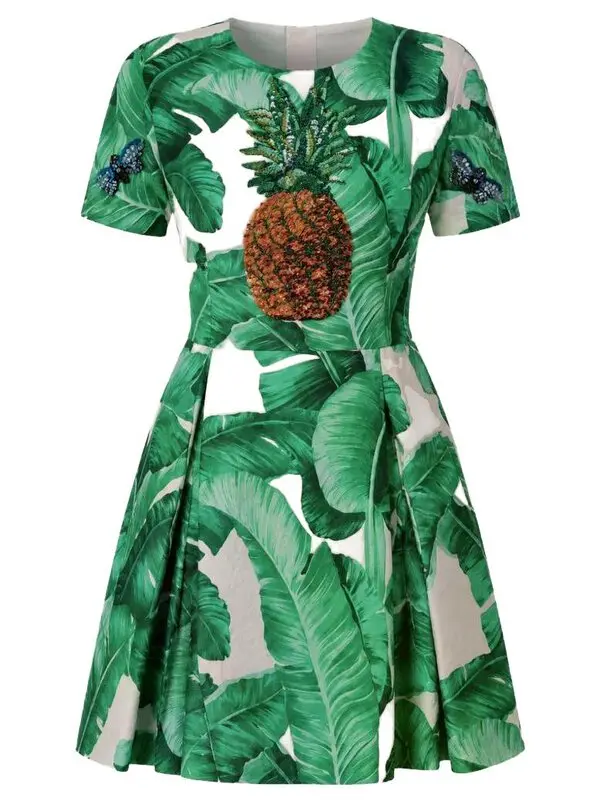 Dolce & Gabbana Banana Leaf Print Sequined Pineapple Mini Dress - Green