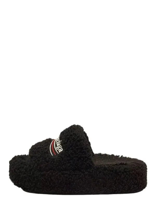 Balenciaga Political Campaign Shearling Platform Flat Sandals - Black