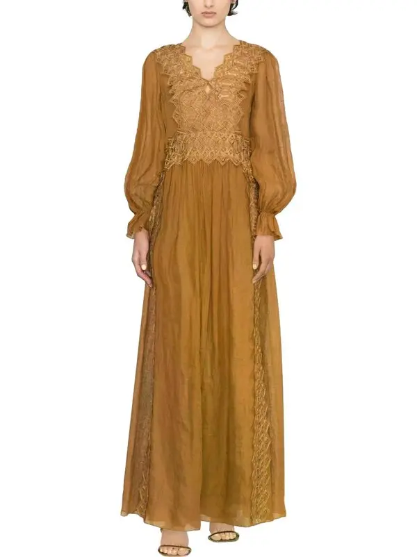 Alberta Ferretti Lace Linen Long Dress - Brown