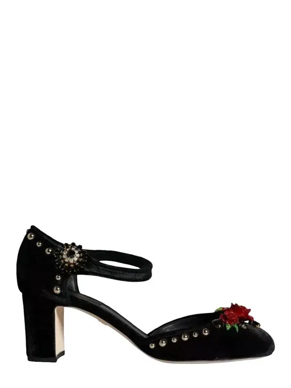 Dolce & Gabbana Velvet Rose Appliqué Studded Pumps - Black