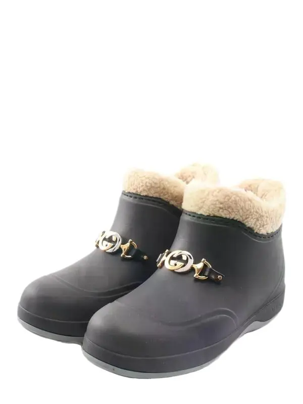 Gucci Rubber Logo Plaque Shearling Trim Boots - Black