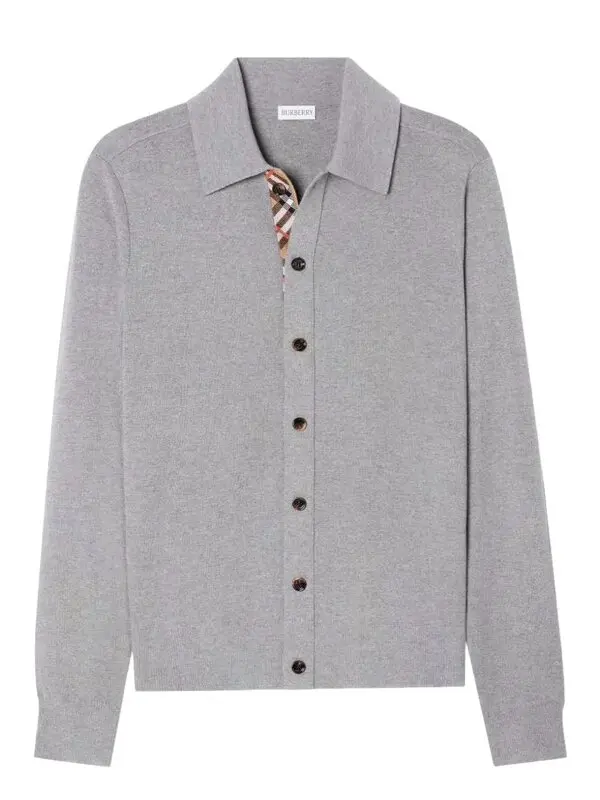 Burberry Wool Cardigan With Check Trim - Grey
