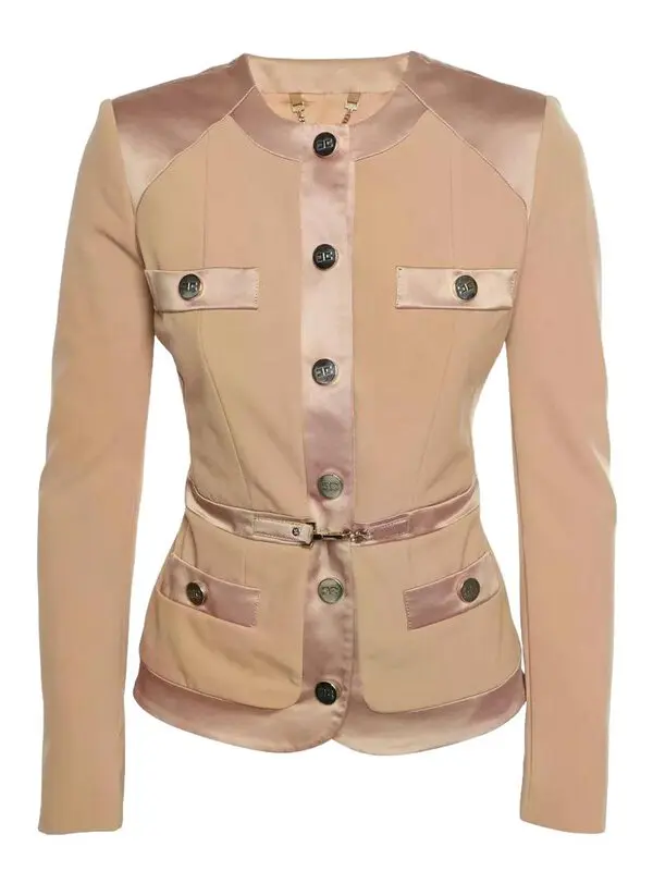 Elisabetta Franchi Fitted Blazer With Satin Panels And Logo-engraved Buttons - Neutrals
