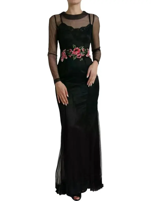 Dolce & Gabbana Long Sleeve Floral Embroidered Mesh Gown - Black