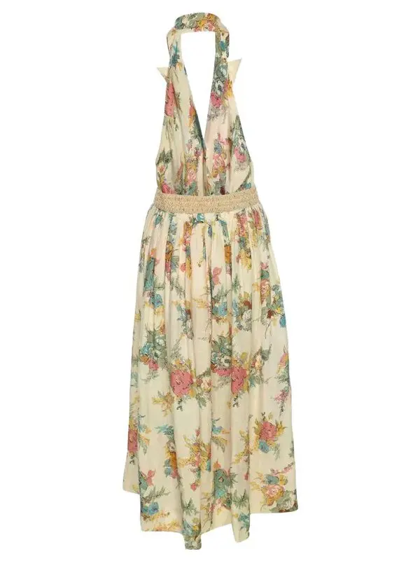 Zimmermann Linen Floral Print Halterneck Midi Dress - Neutrals