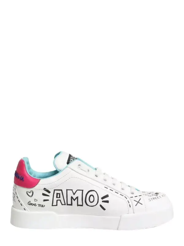 Dolce & Gabbana Graffiti Print Leather Lace Up Sneakers - White