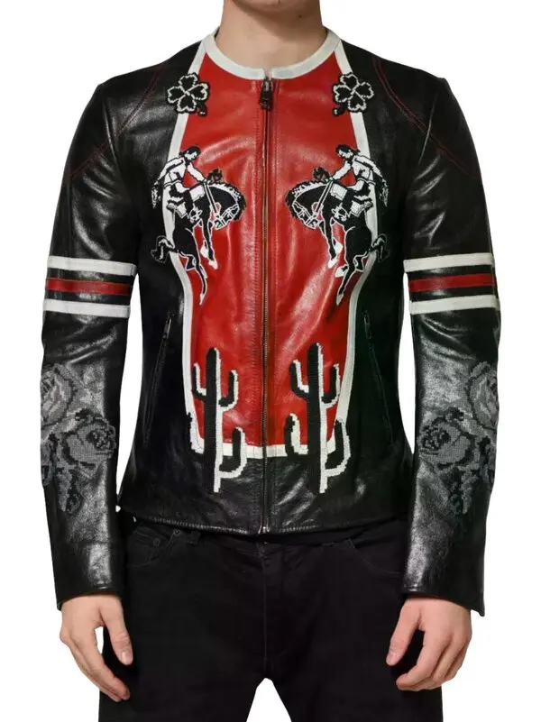 Dolce & Gabbana Embroidered Leather Jacket - Black