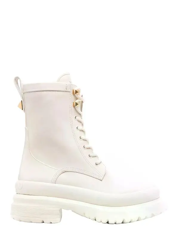 Valentino Garavani Chunky Lace-up Leather Boots With Gold-tone Studs - Neutrals