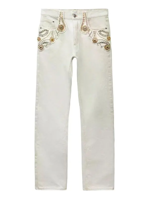 Versace Embellished Straight-leg Jeans - Grey