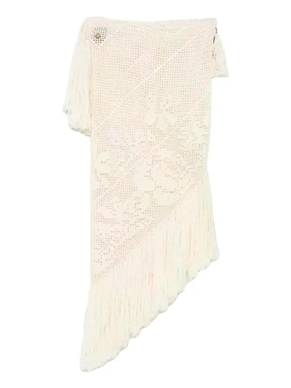 CHIARA IS Open Knit Cape With Fringe Trim - Neutrals
