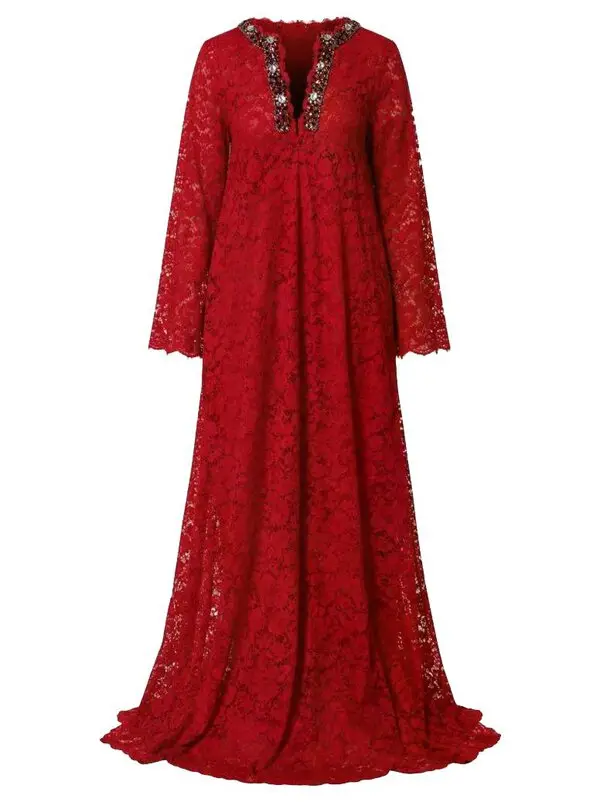 Dolce & Gabbana Floral-lace Rhinestone-embellished V-neck Dress - Red