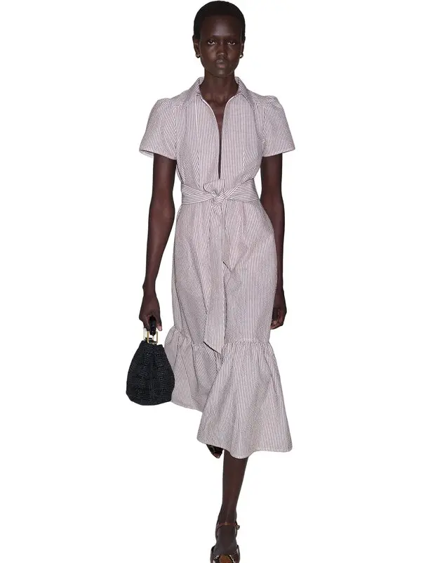 ME+EM Cotton Seersucker Stripe Fit And Flare Midi Dress - Soft White/brown
