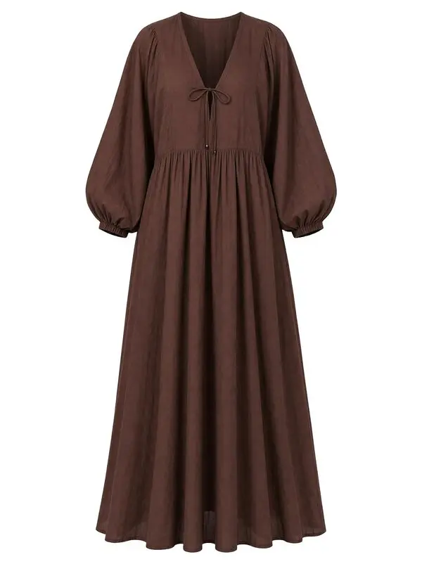 Adrift Clothing Maxi Bohemian Dress With Plunge Neckline And Balloon Sleeves - Brown